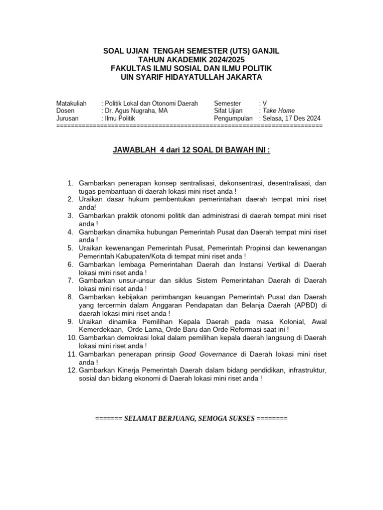 UTS Otonomi Daerah Dan Polkal 24 | PDF