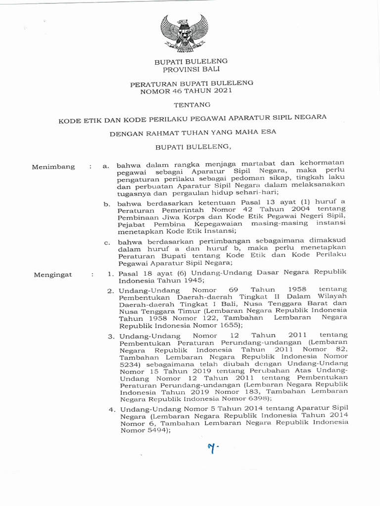 1.1. 1.E. Perbup 46 Tahun 2021 TTG Kode Etik Dan Kode Perilaku ASN | PDF