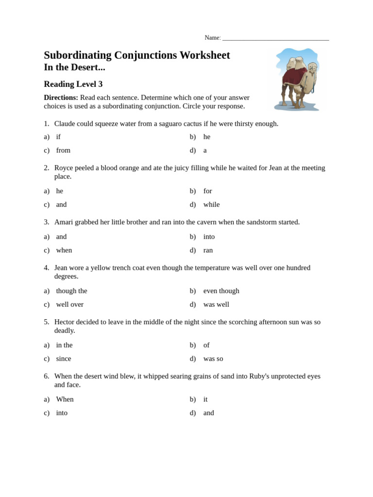 Subordinating Conjunction Worksheet Reading Level 03 | PDF