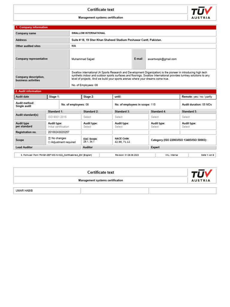 Formular Form 'FM BA ZET MS All 022 - Certificate Text - EN' (English ...