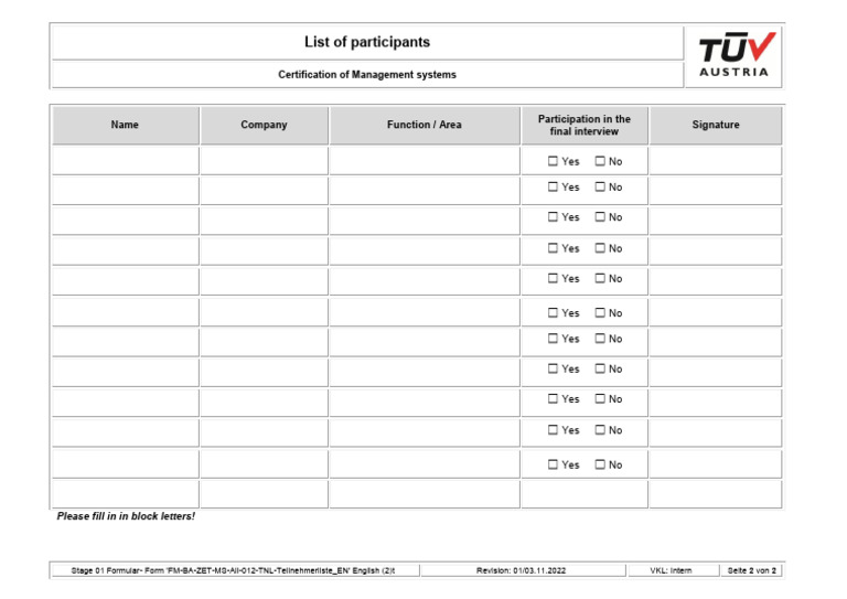 Austrian Formular Form 'FM BA ZET MS All 012 TNL Teilnehmerliste - EN ...