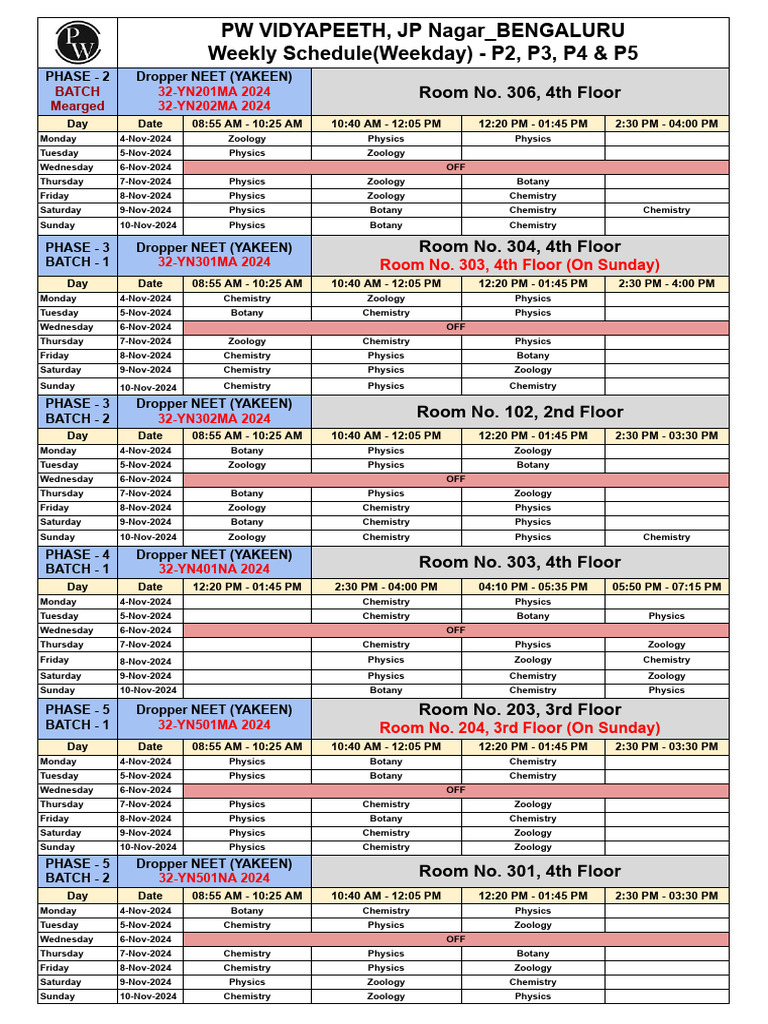 Dropper NEET - (4th - 10th Nov) - Timetable - Bengaluru - JP Nagar ...