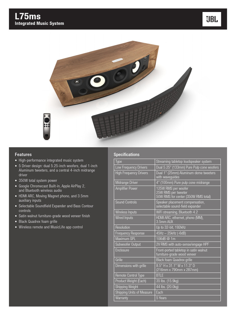 SC04222 JBL L75ms Quick Specs V3 | PDF | Loudspeaker | Sound Technology