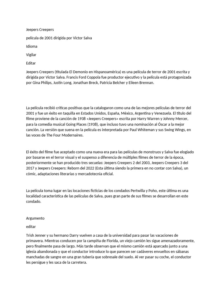 Sinopsis de Jeepers Creepers 2001 | PDF