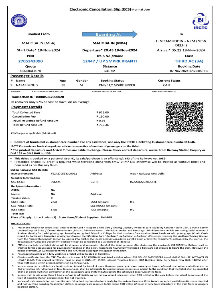 Refund Irctc | PDF