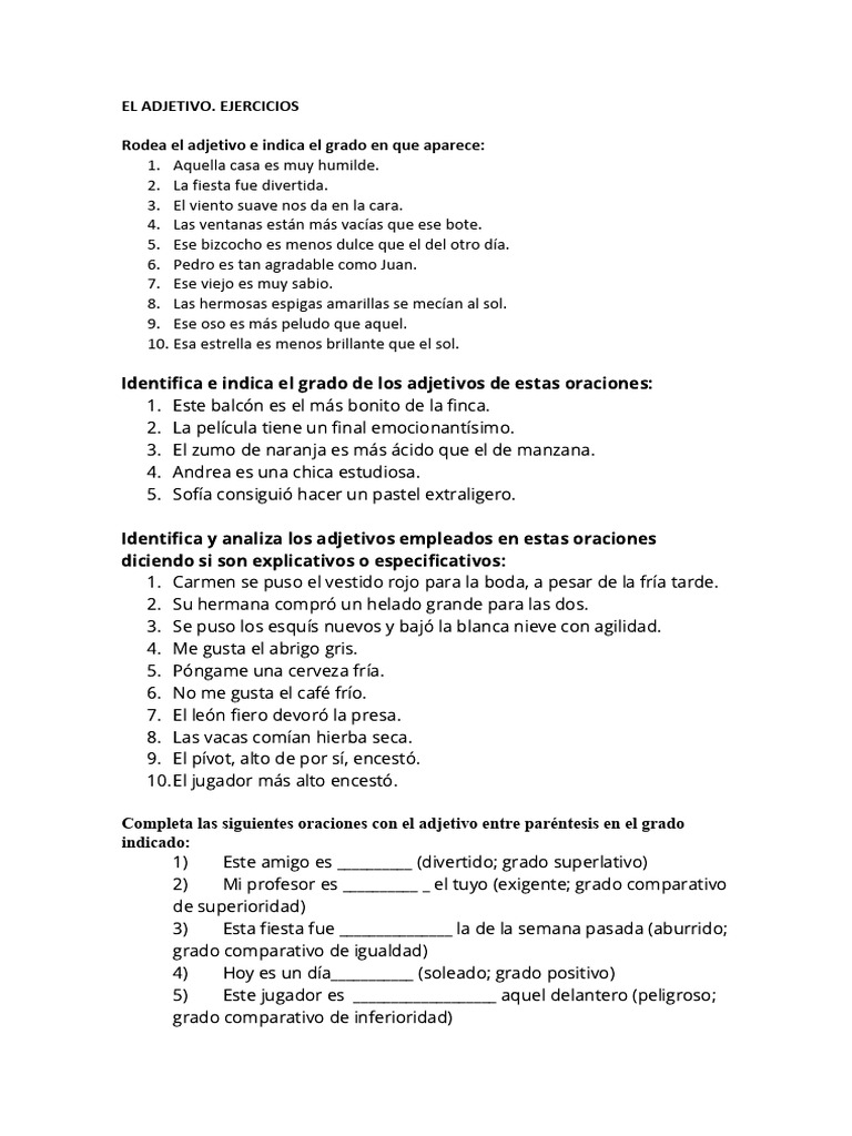 Ejercicios de Adjetivos y Grados | PDF