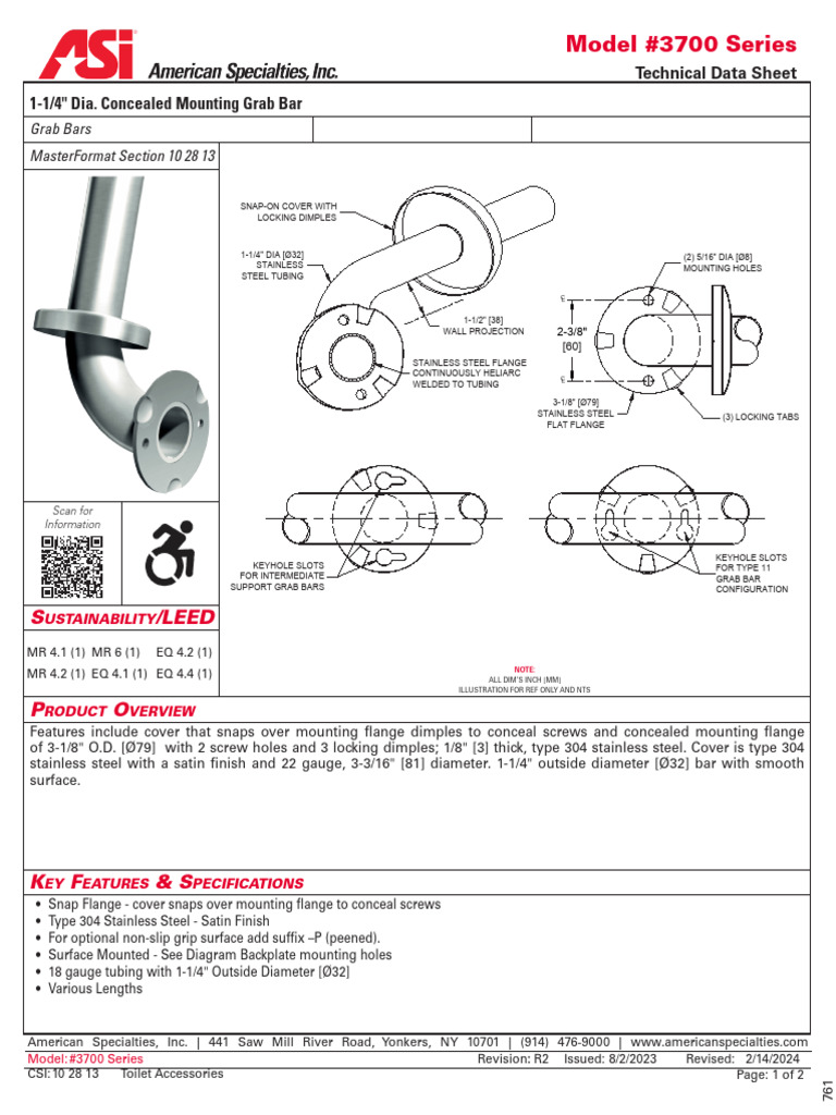 Model #3700 Series: 1-1/4" Dia. Concealed Mounting Grab Bar | PDF ...