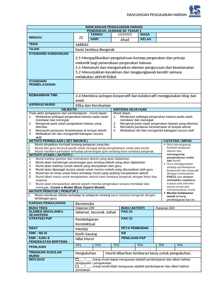 RPH Minggu 22 Pendidikan Jasmani THN 2 2023 by Cikgu Gorgeous | PDF | Sains & Matematika