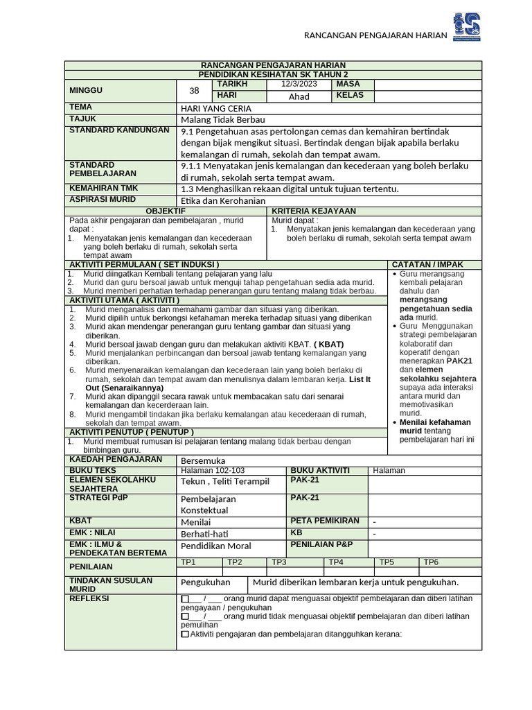 RPH Minggu 38 Pendidikan Kesihatan THN 2 2023 by Cikgu Gorgeous | PDF