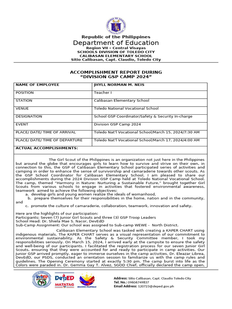GSP Camp 2024 Accomplishment Report | PDF | Wellness