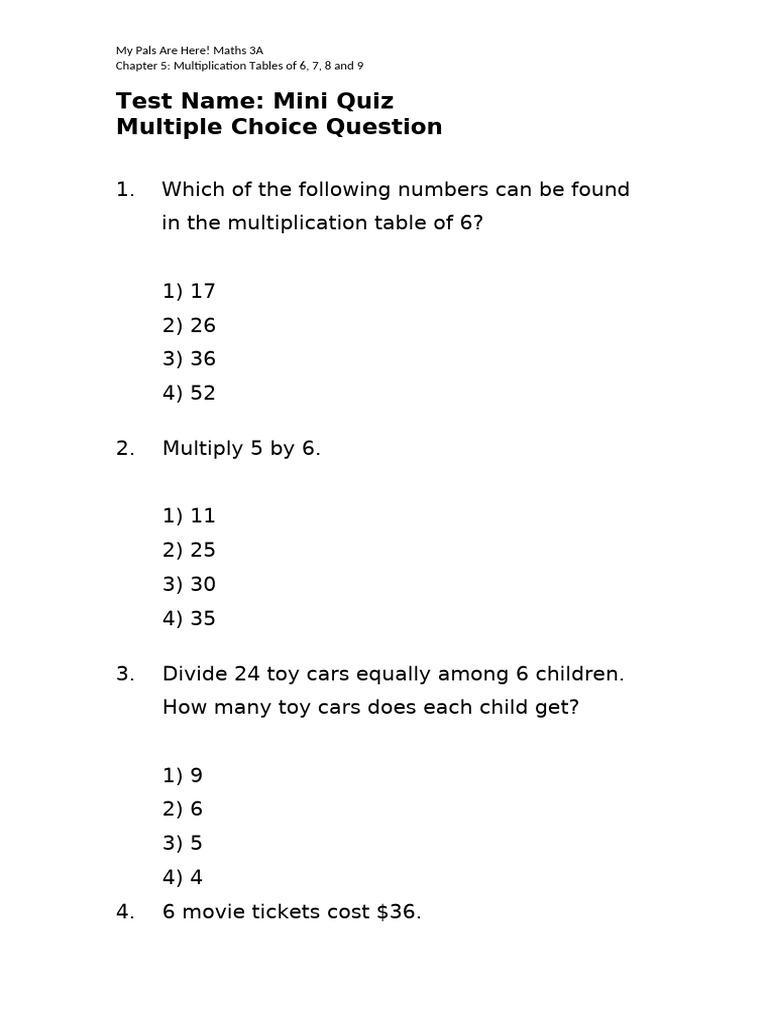 68 MPAH 3A 05 Mini Quiz Qns | PDF | Elementary Mathematics | Multiplication