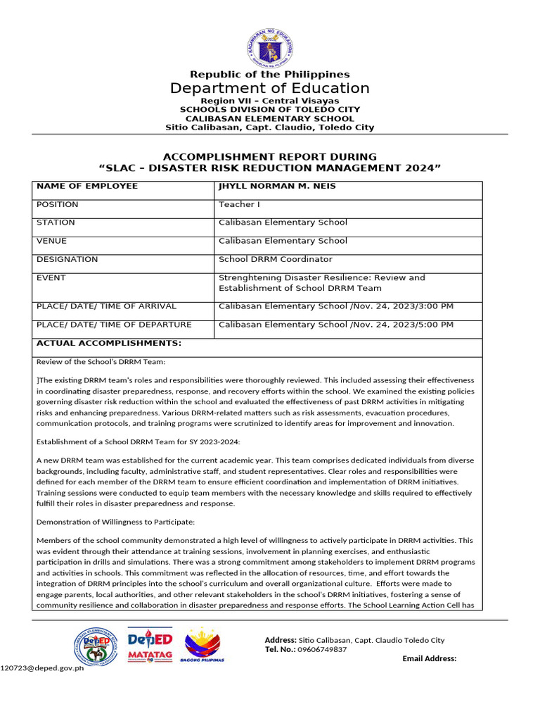 Accomplishment. Report - SLAC - DRRM2024 | PDF | Emergency Management ...