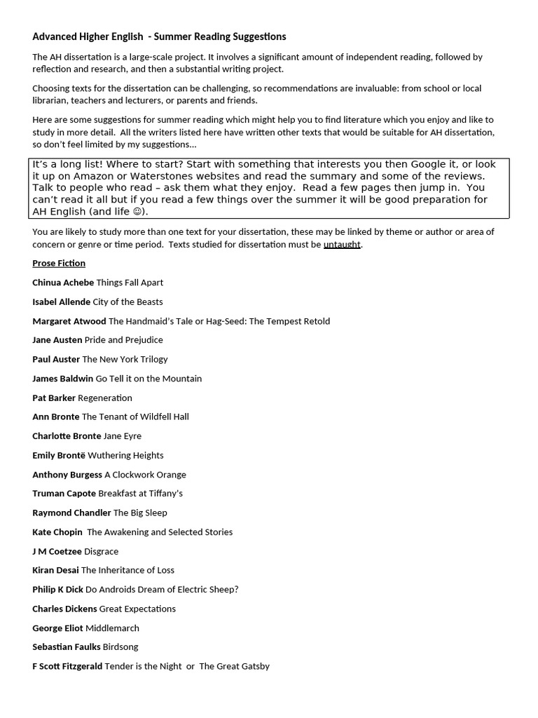 Advanced Higher English Reading List | PDF | The Tenant Of Wildfell ...