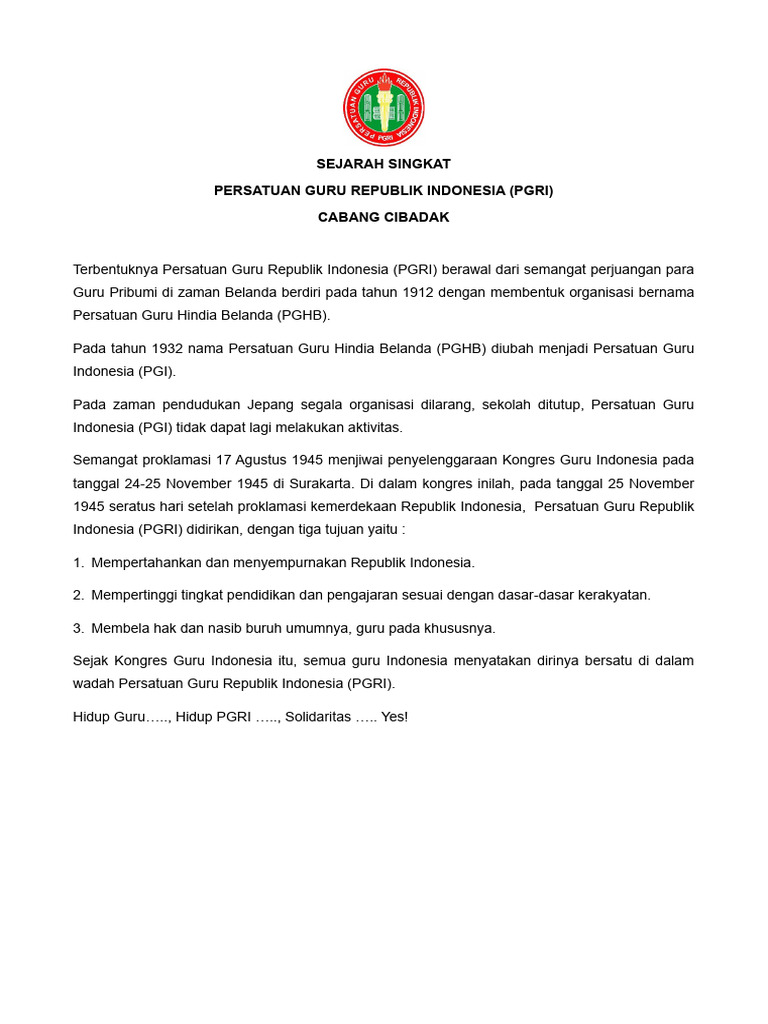 Sejarah Singkat Pgri Cabang Cibadak | PDF