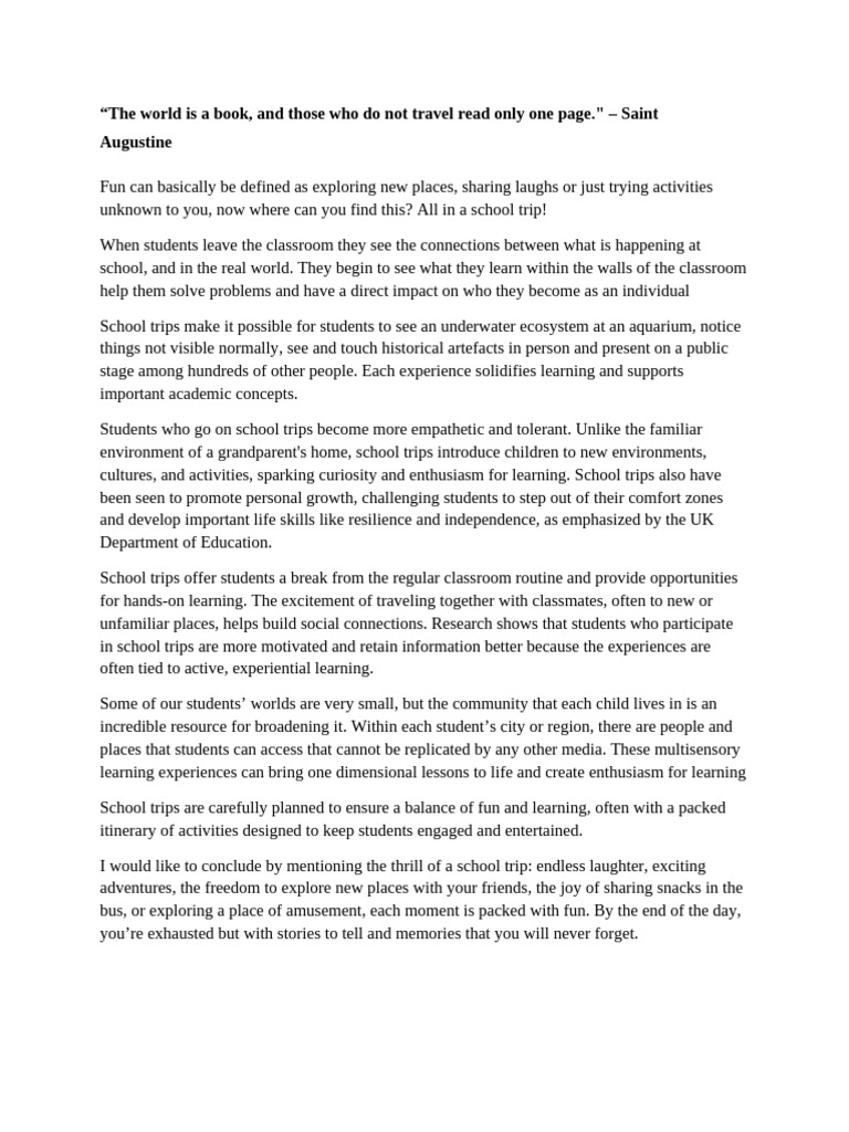 Benefits of School Trips | PDF | Learning | Behavior Modification
