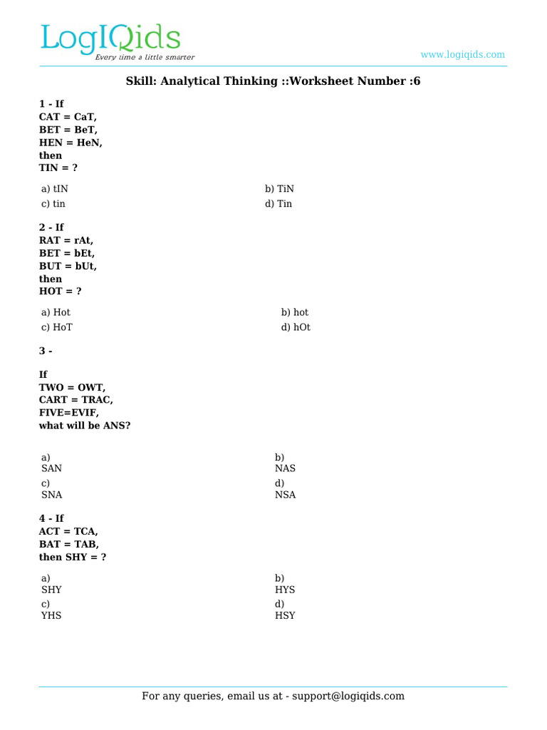 Skill: Analytical Thinking::Worksheet Number:6: 1 - If Cat Cat, Bet Bet ...