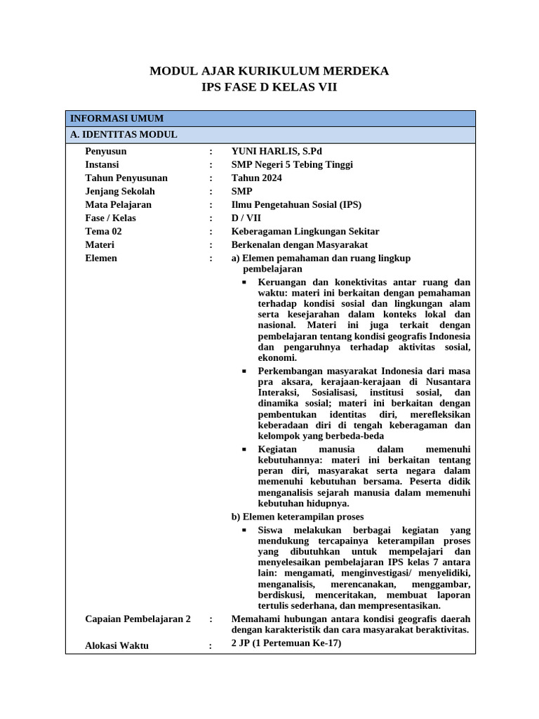 Modul Ajar Kurikulum Merdeka Ips KLS 7 - Yuni Harlis | PDF