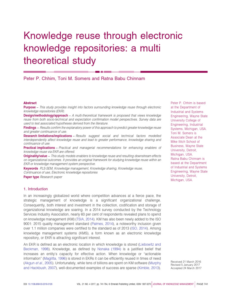 Knowledge Reuse Through Electronic Knowledge Repositories A Multi Theoretical Study | PDF ...