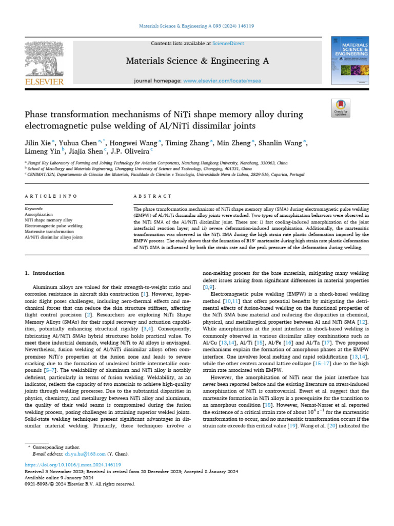 NiTi Al Electromagentic Pulse Welding - Phase Transformation - Nice ...