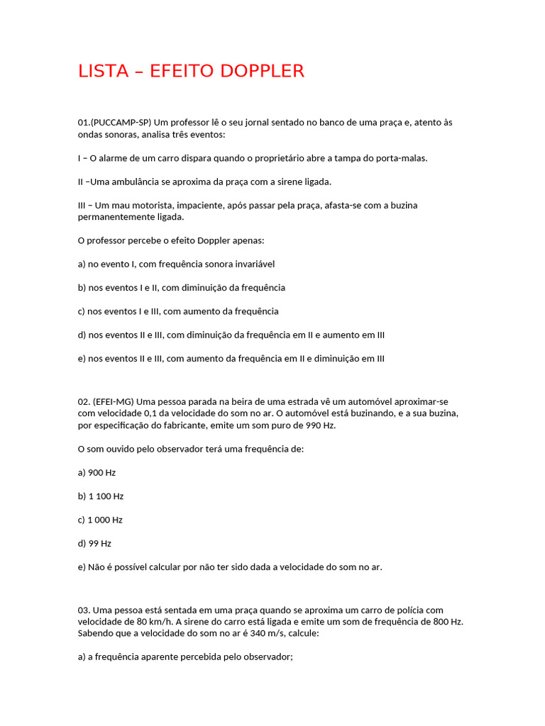 Lista - Efeito Doppler | PDF | Efeito Doppler | Som