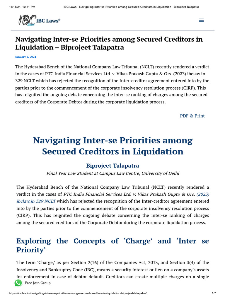 IBC Laws - Navigating Inter-Se Priorities Among Secured Creditors in Liquidation - Biprojeet ...