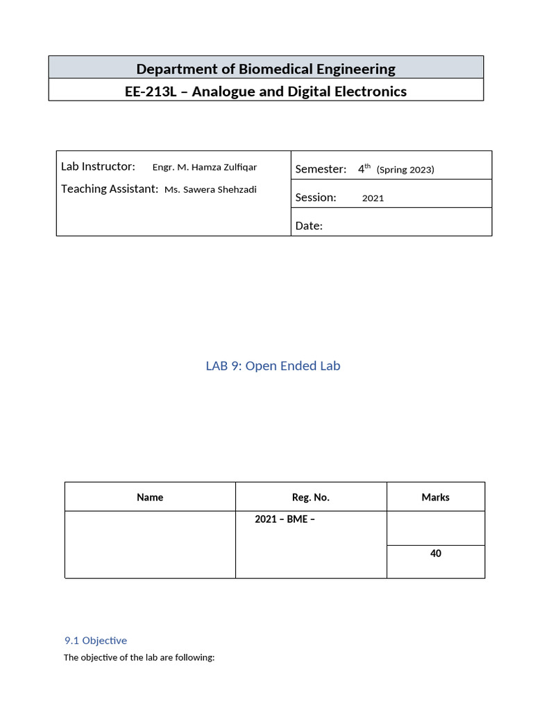 Lab 9 - EE-213L - Open Ended Lab | PDF | Amplifier | Operational Amplifier
