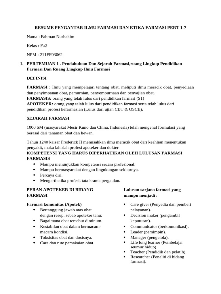 Resume Pengantar Ilmu Farmasi Dan Etika Farmasi Pert 1 | PDF | Kesehatan Holistik | Sains ...