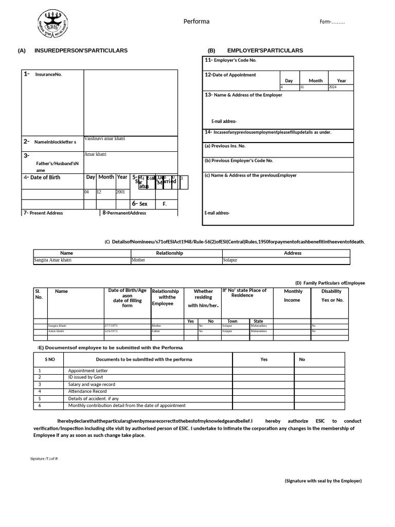 Esic DECLARATION FORM Vaishnavi Khatri | PDF | Industrial Relations | Economies