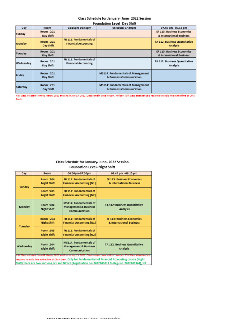 Regular Day Wise Class Schedule - 2022 Complete | PDF | Business Economics | Economies