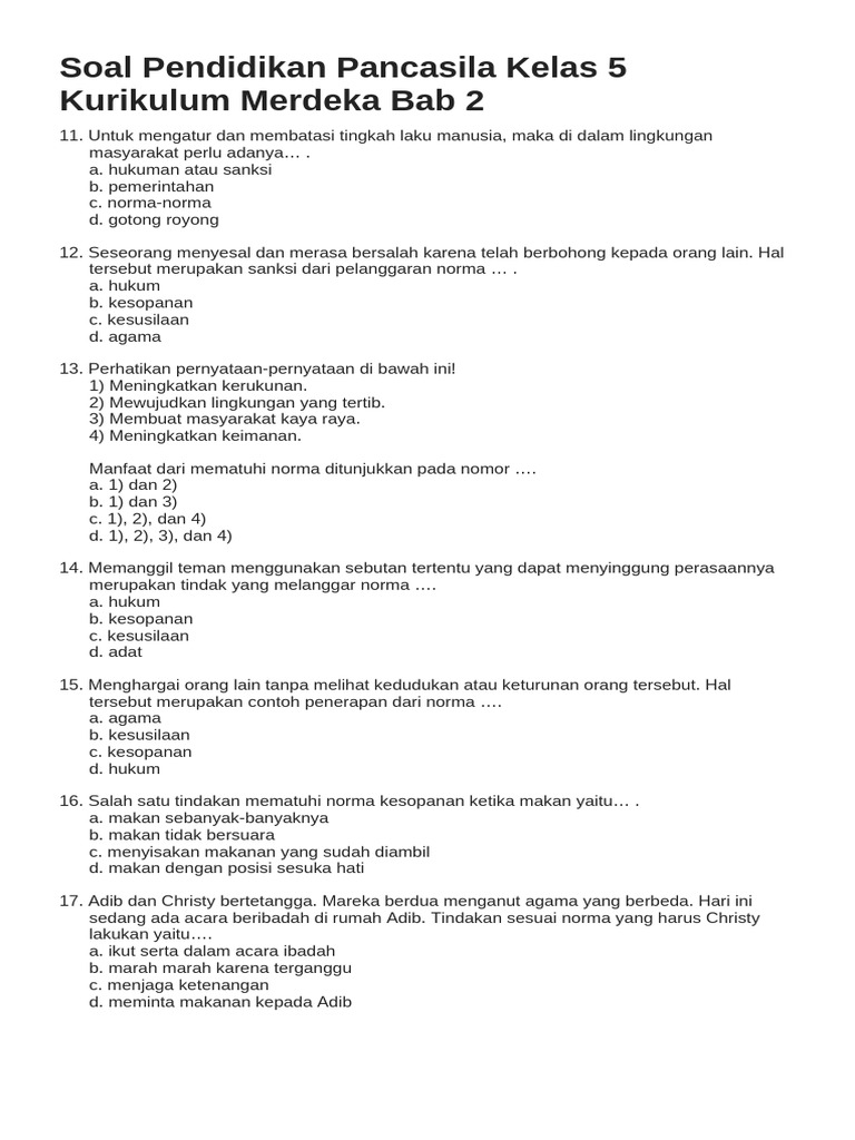 Soal Sumatif PKN Bab 2 Kelas 5 Kurmer Semester 1 Tahun 2023 - 2024 | PDF