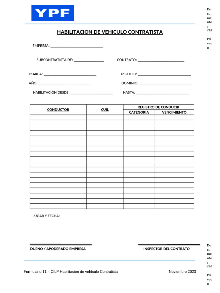 Formulario 11 - CILP Habilitación de Vehículo Contratista | PDF