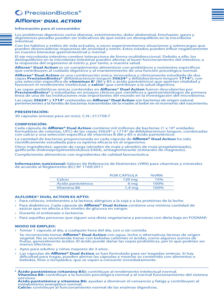 Prospecto Alflorex Dual Action 30 Capsulas | PDF | Leche | Vitamina