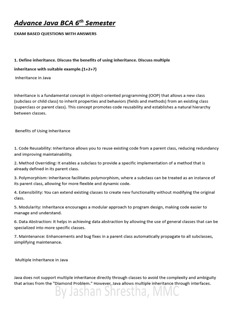 Advance Java BCA 6th Semester Exam Based | PDF | Inheritance (Object Oriented Programming ...
