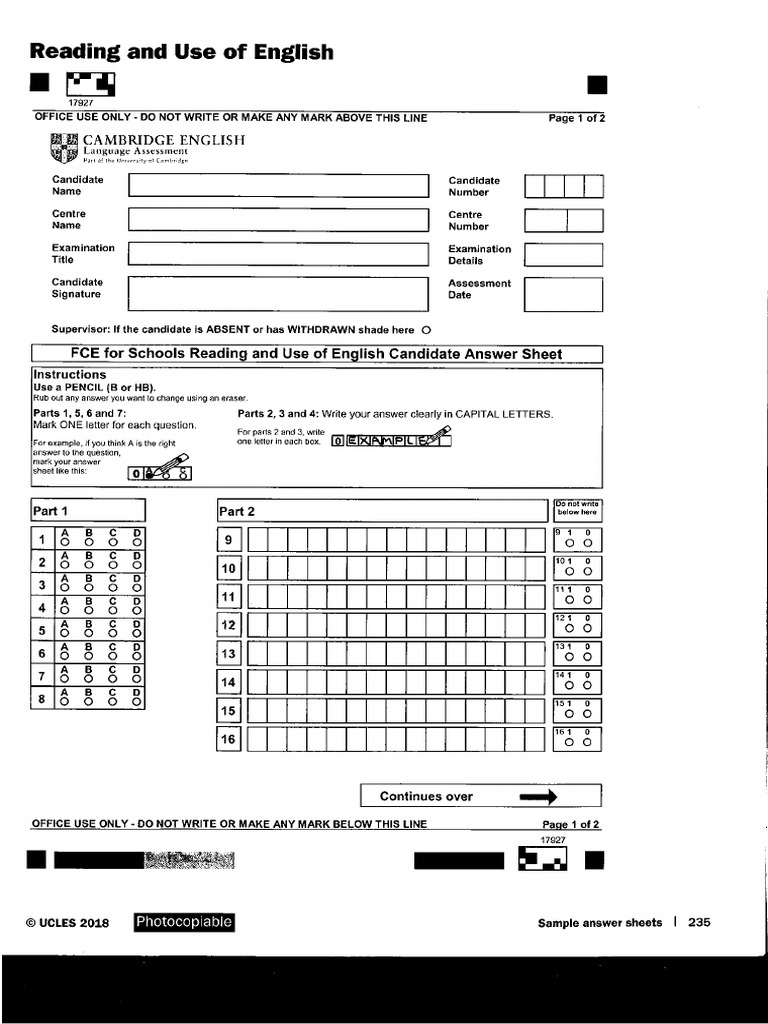 FCE SCHOOLS Answer Sheets (1) - 240606 - 212838 | PDF