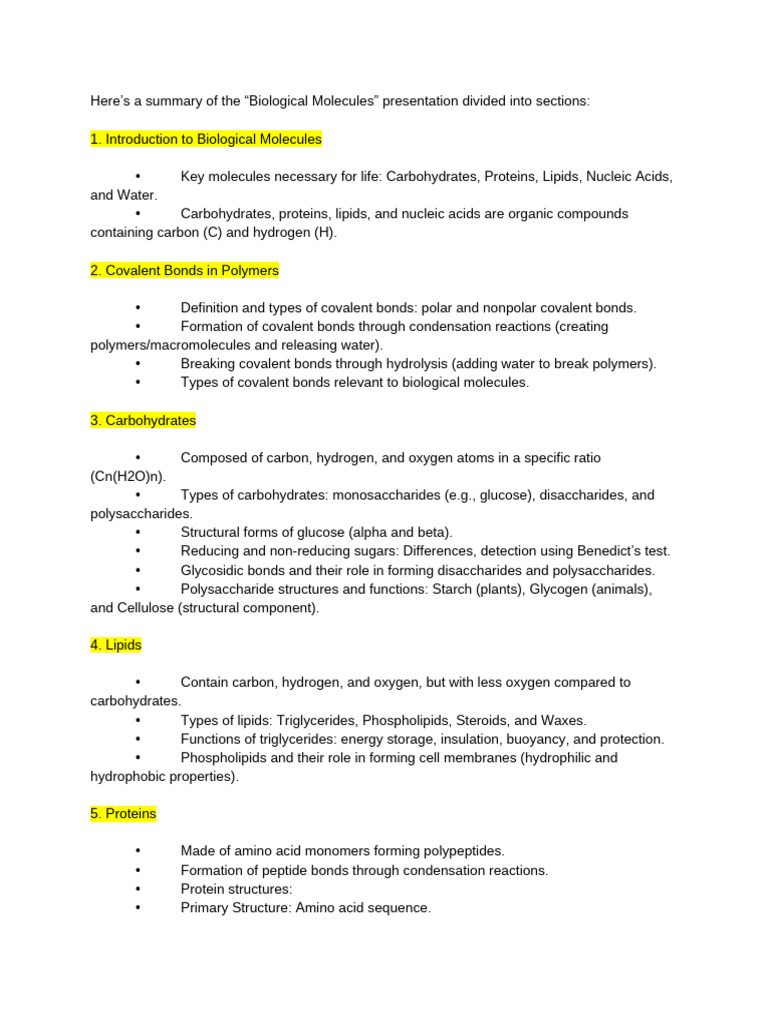 Bio Summary | PDF | Carbohydrates | Proteins