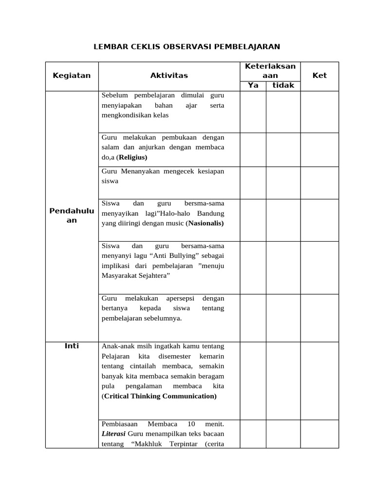 Lembar Ceklis Observasi Pembelajaran | PDF