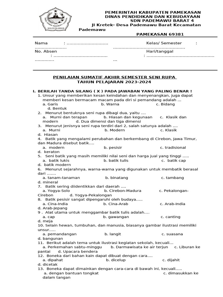 Soal Sas Seni Rupa Kelas 5 Semester I | PDF | Seni