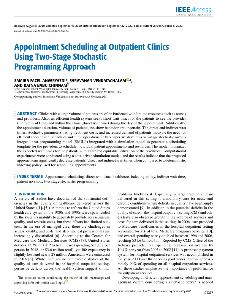 Appointment Scheduling At Outpatient Clinics Using Two Stage Stochastic Programming Approach