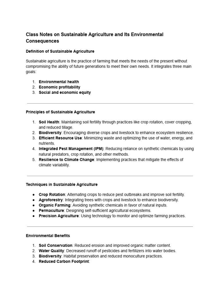 Class Notes On Sustainable Agriculture and Its Environmental ...