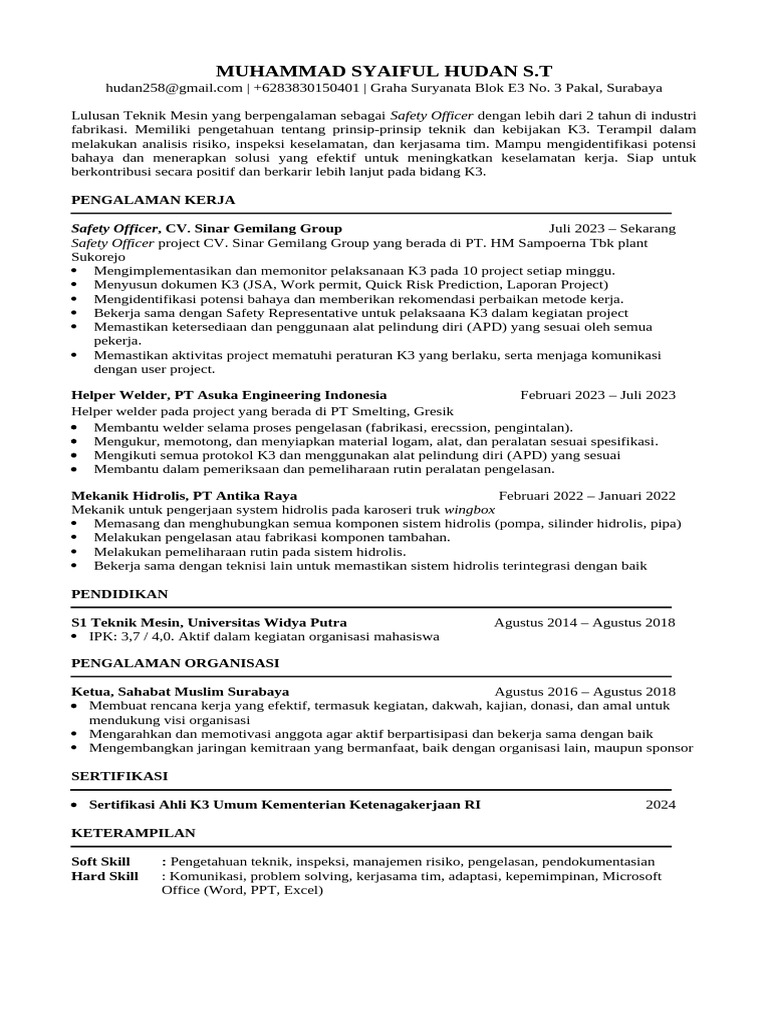 Profil Safety Officer Berpengalaman | PDF