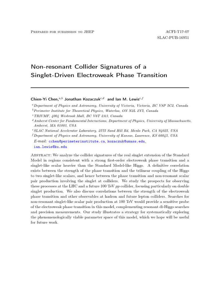 Non-Resonant Collider Signatures of A Singlet-Driven Electroweak Phase Transition | PDF | Higgs ...