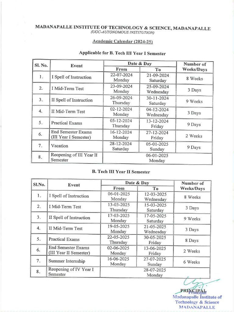 III Year B.Tech Academic Calandar 2024-25 | PDF