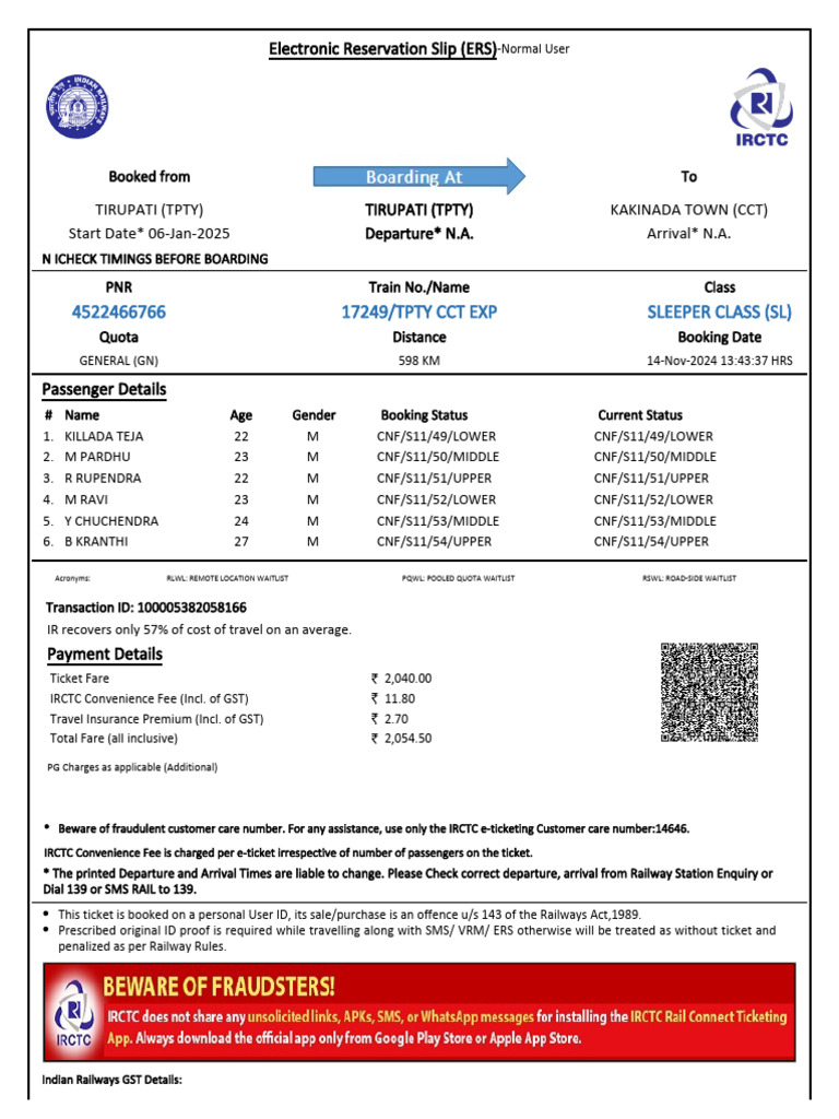 TPTY CCT Exp Train 17249 Reservation Details | PDF | Finance & Money ...