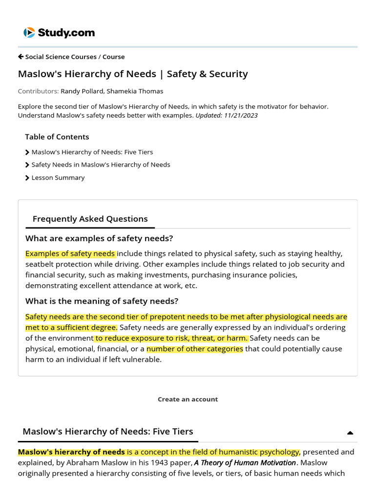 Maslow's Hierarchy of Needs - Safety & Security - Lesson | PDF ...