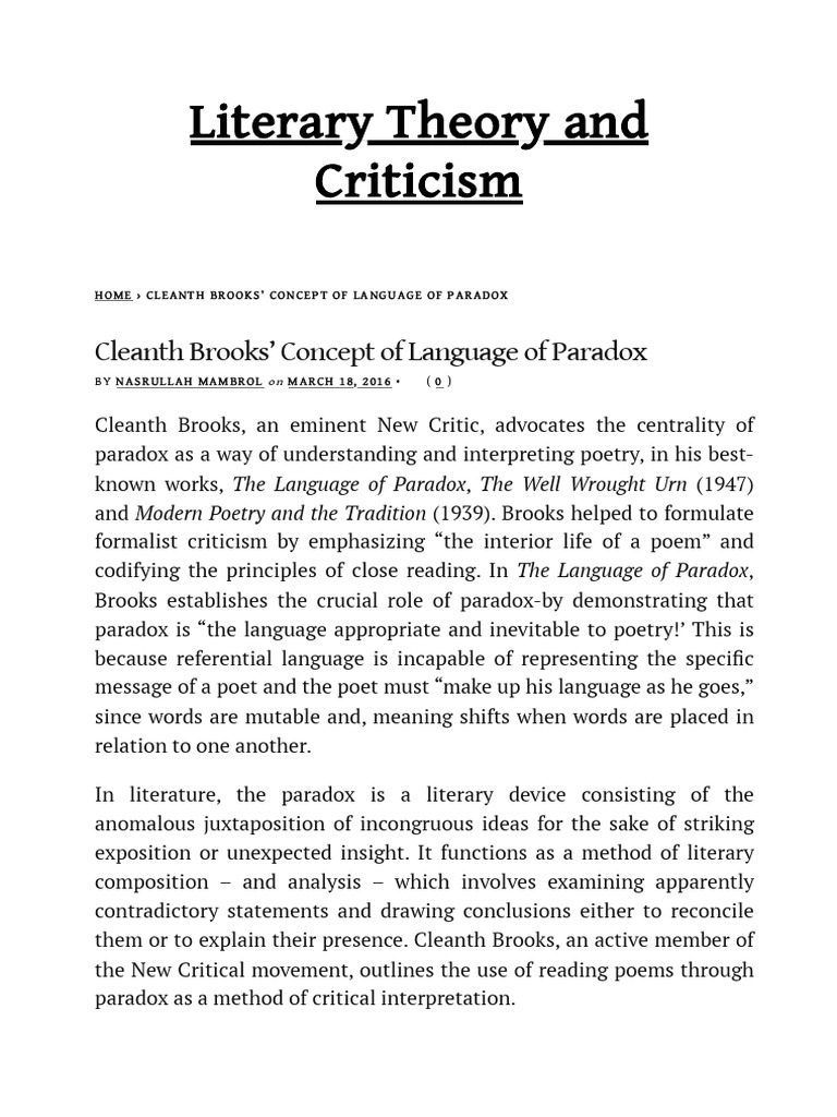 Cleanth Brooks on Paradox in Poetry | PDF | Poetry | Classics