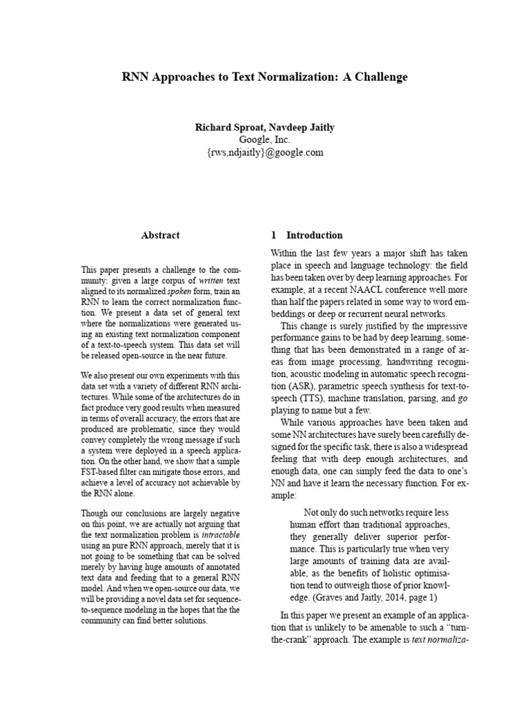 Rnn Approaches To Text Normalization A Challenge Pdf Speech Synthesis Deep Learning