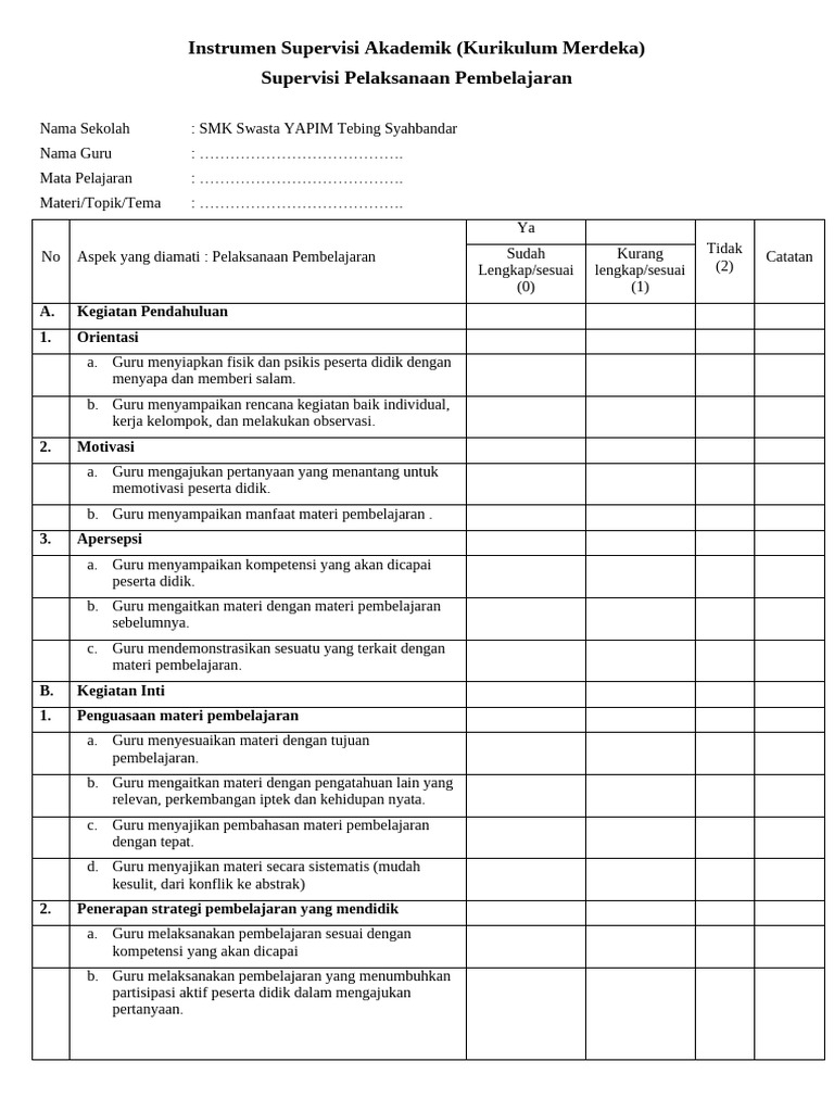 Instrumen Supervisi Akademik | PDF | Karier & Perkembangan