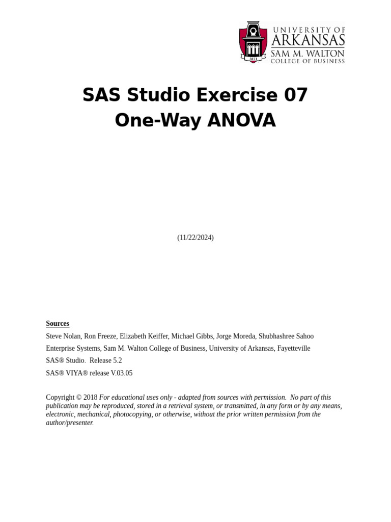 SAS Studio 07 One Way ANOVA - 07.05docx | PDF | Analysis Of Variance | P Value