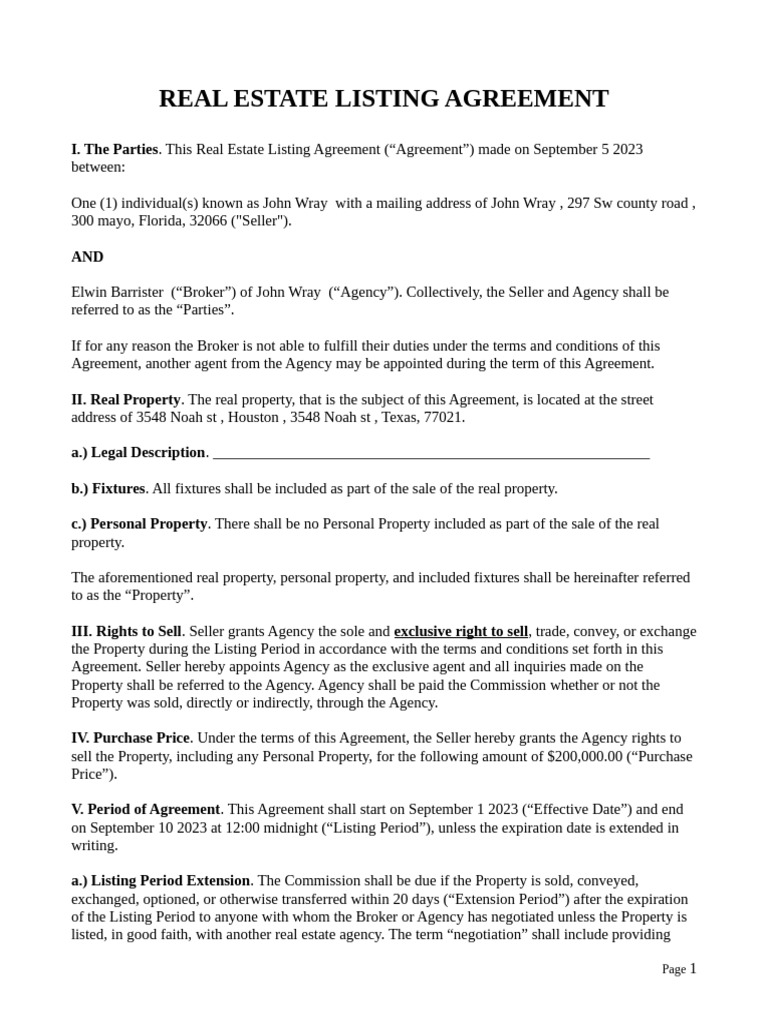 Texas Residential Real Estate Listing Agreement 2023-09-01 | PDF ...