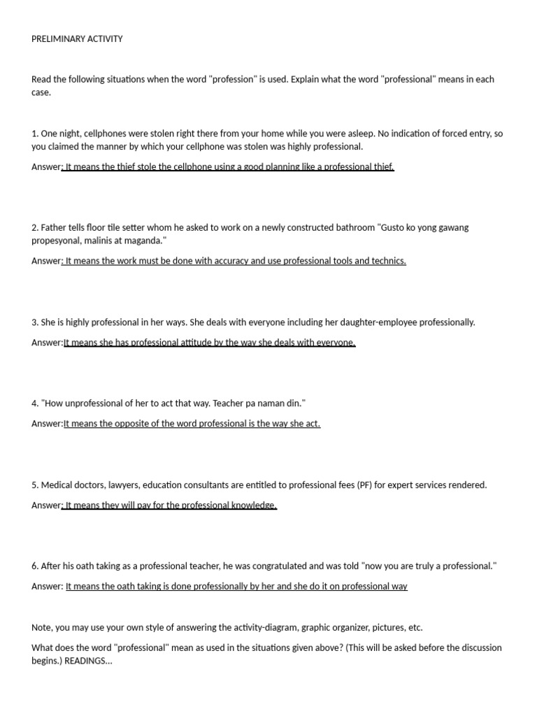 PRELIMINARY ACTIVITY Prof Ed | PDF